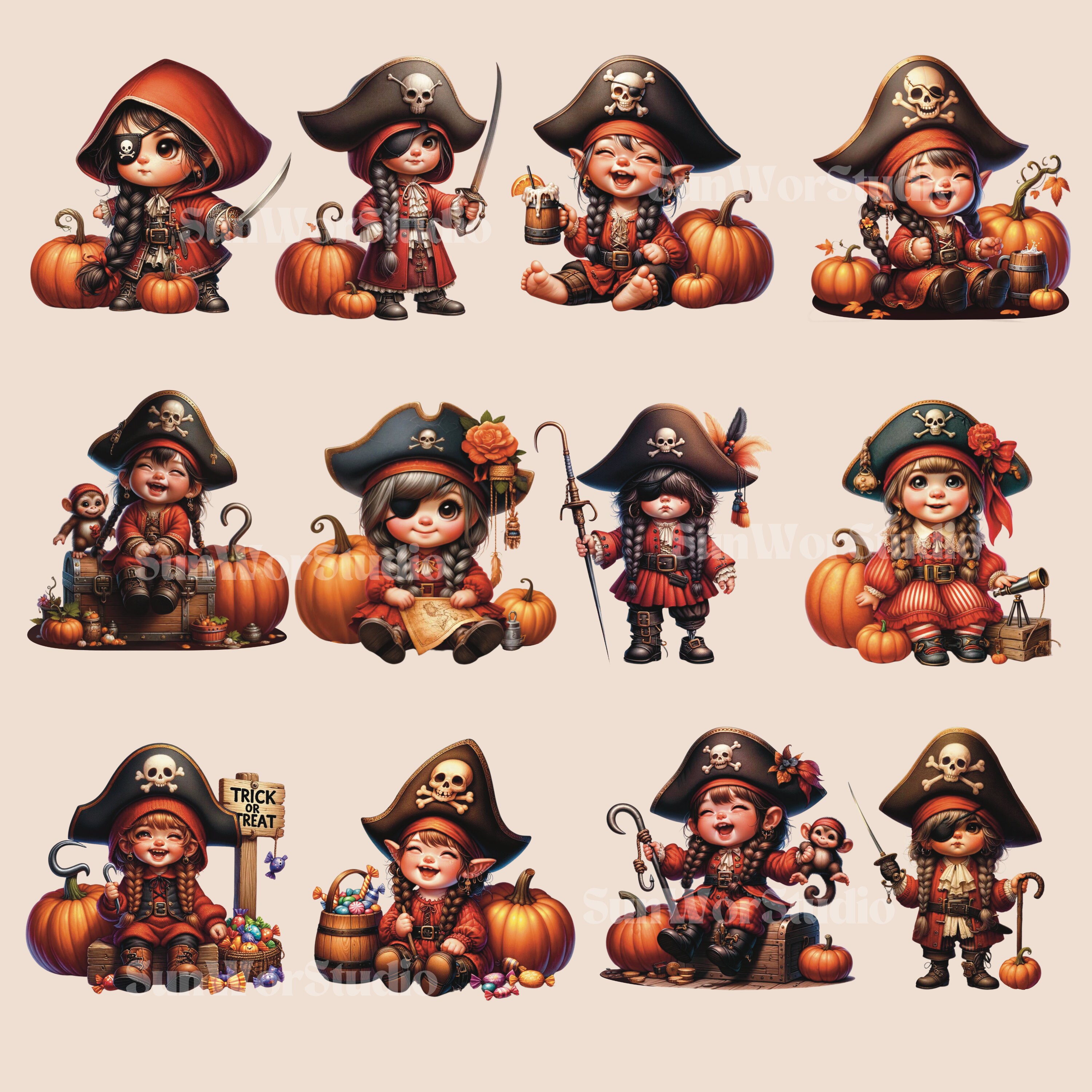 Watercolor Pirate Gnome Clipart, Pirate Gnome Girl Clipart, Fantasy ...