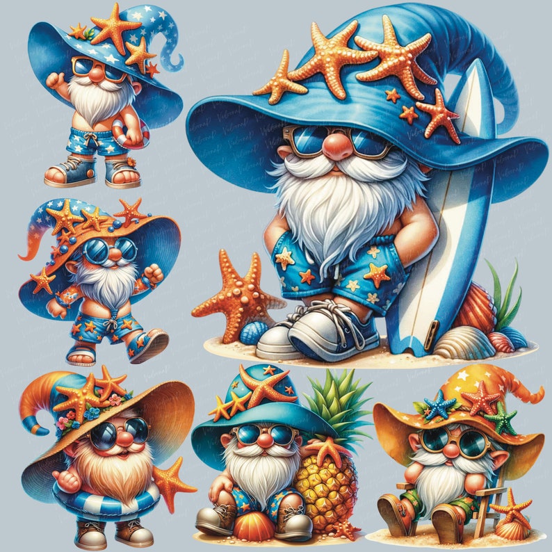 Watercolor Summer Gnome Clipart, Gnome Beach Clipart PNG, Starfish ...