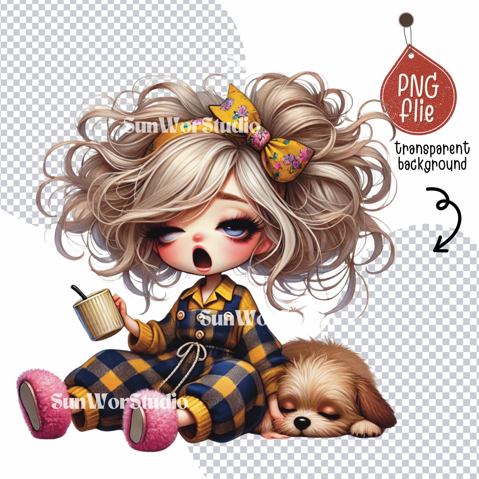 Sleepy Morning Girl With Coffee and Puppy - Cozy and Relatable Art ...