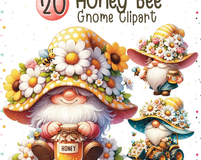 Watercolor Sunflower Bee Gnome Clipart Bundles, Gnome With Flowers ...