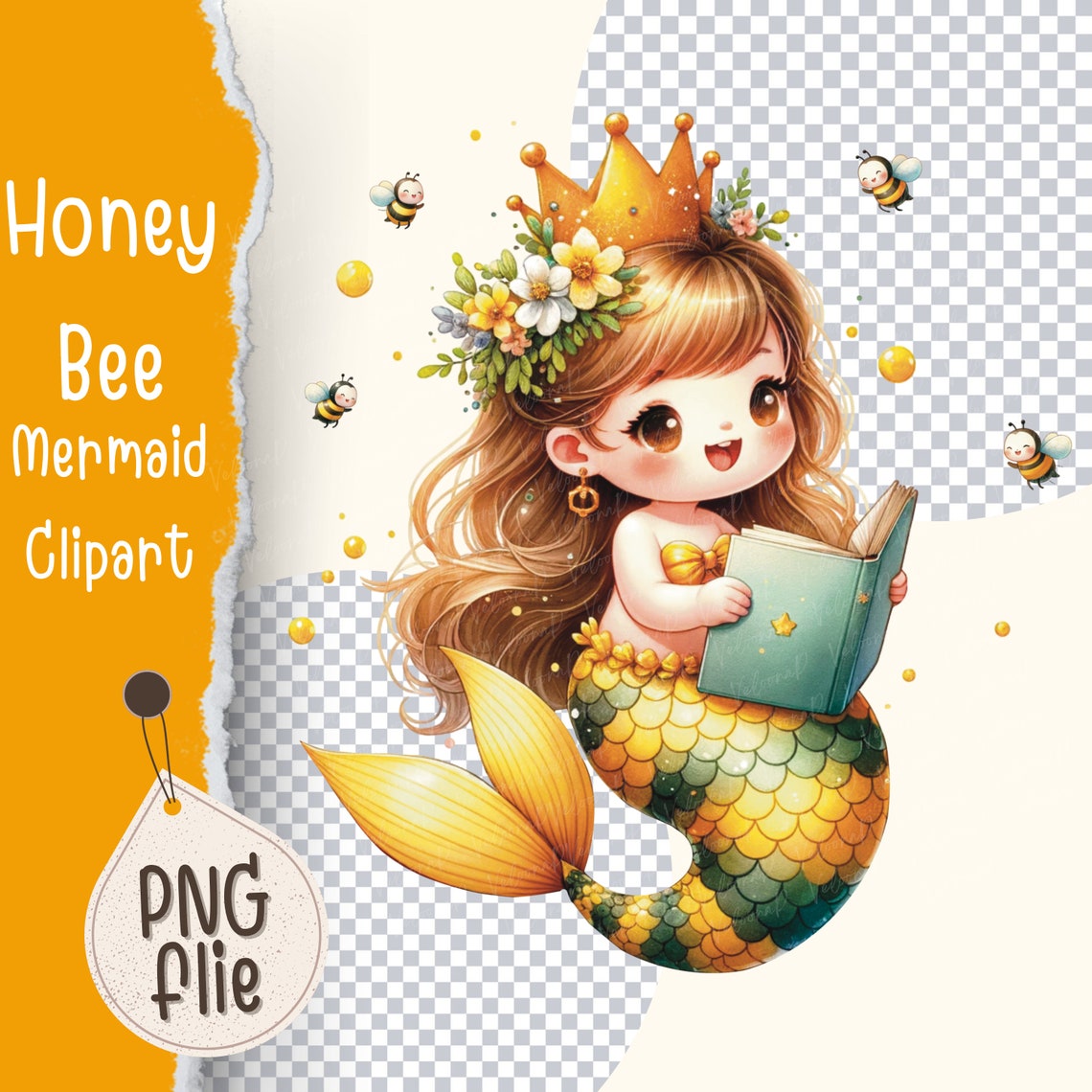 Baby Mermaid Watercolor Clipart, Honey Bee Mermaid, Mermaid Under the ...