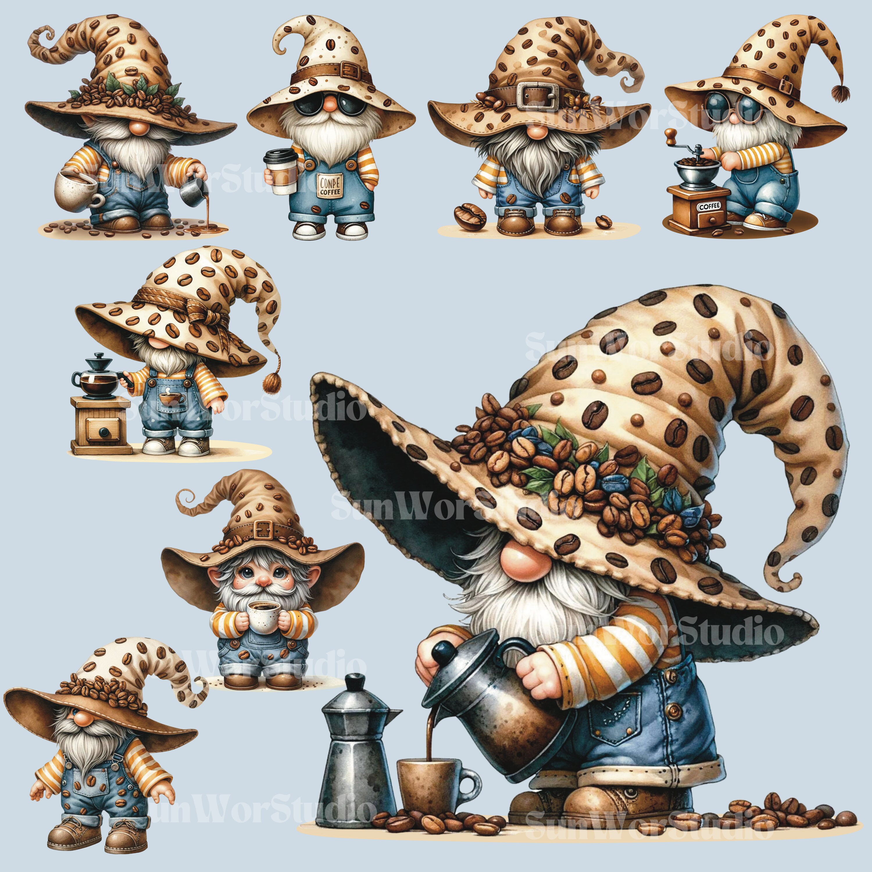 Watercolor Coffee Lover Gnome Clipart Bundle, Coffee Gnome Clipart ...