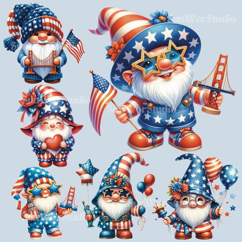Watercolor Patriotic Gnome Clipart, Memorial Day Gnome Clipart, 4th of ...