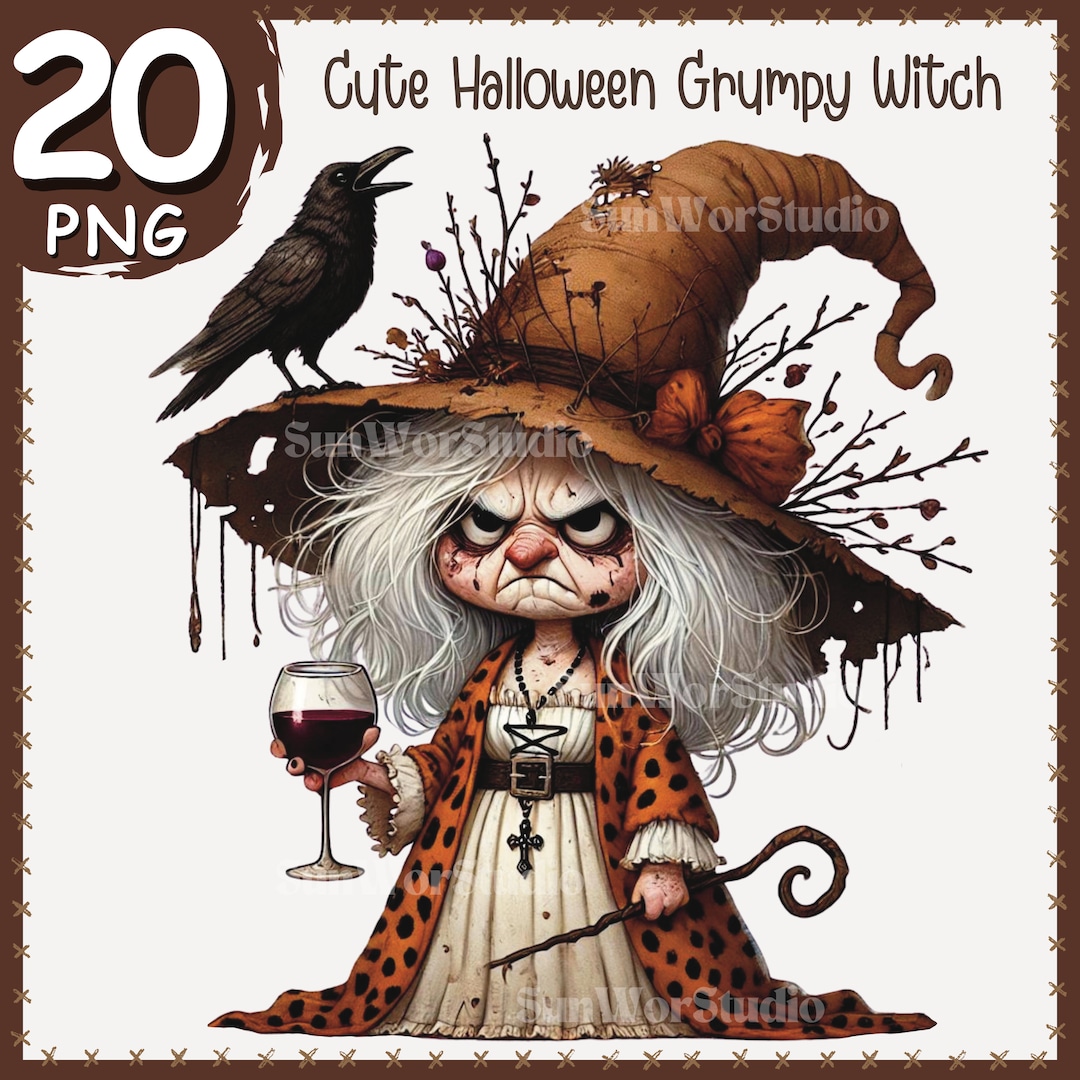 Halloween Grumpy Witch Clipart: Spooky Digital Art (PNG/PDF) - Etsy