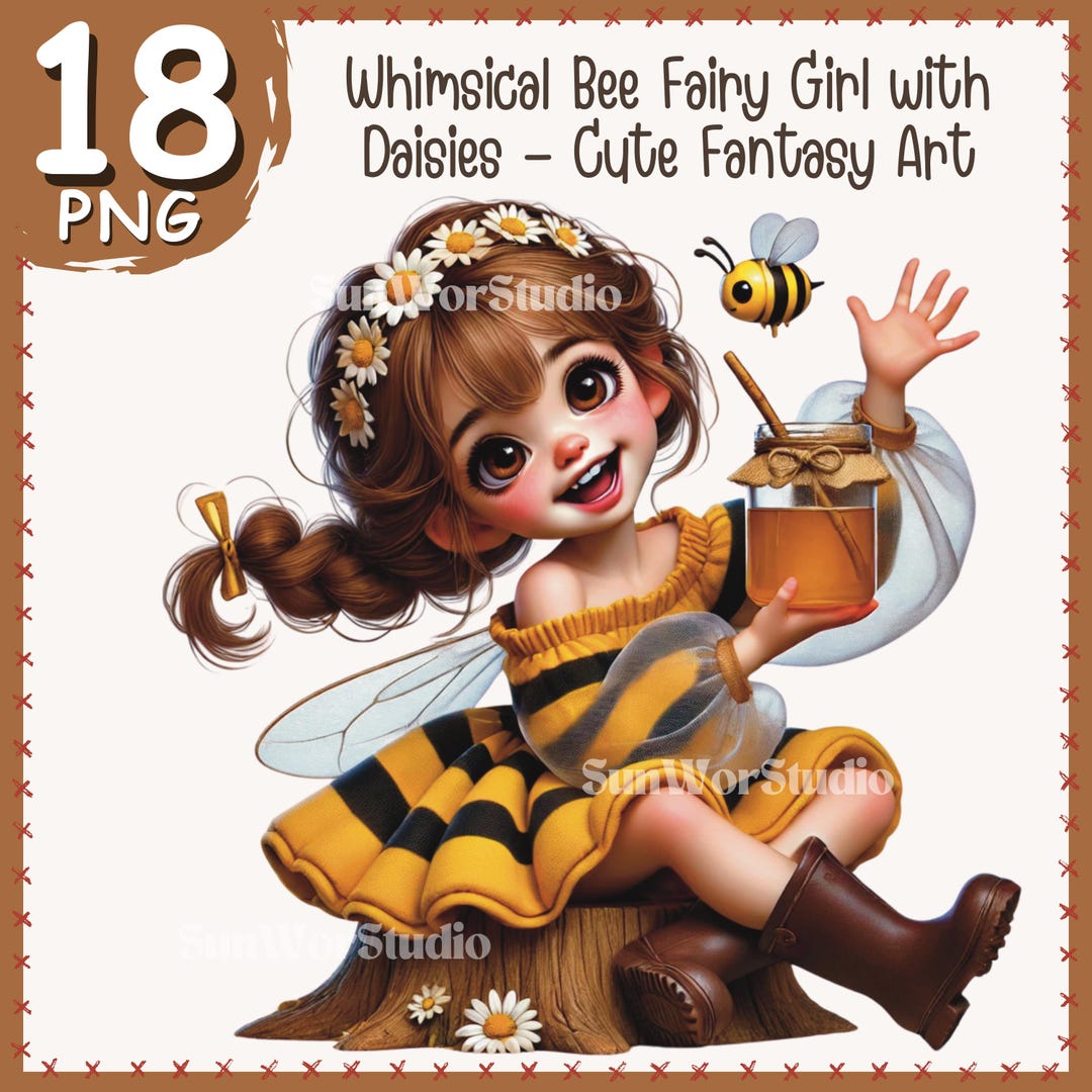 Bee Fairy Girl With Playful Brown Braids, Fairy Bee Wings Holding a ...