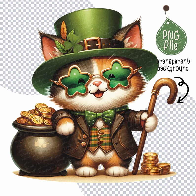 St Patrick's Day PNG, Cute Cat Clipart Watercolor in Saint Patrick Day ...
