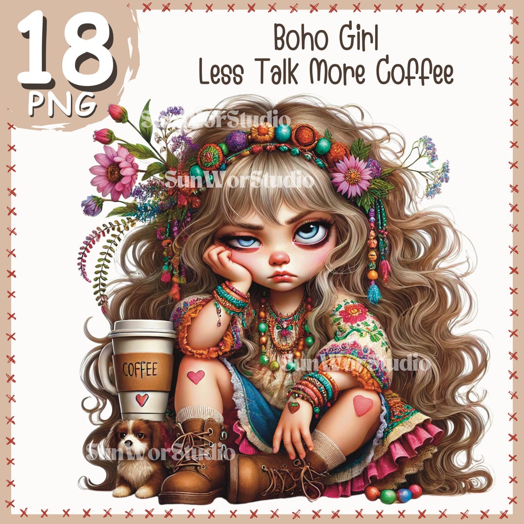 Early Morning | Less Talk More Coffee | Boho Girl Clipart Bundle ...