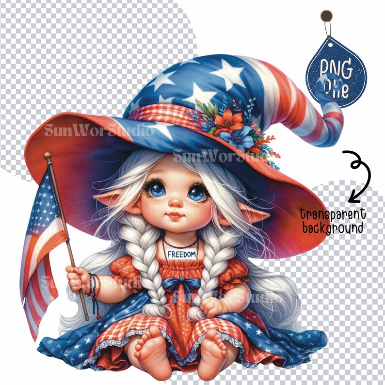 Watercolor Patriotic Gnome Clipart: American Independence Day (PNG, PDF ...