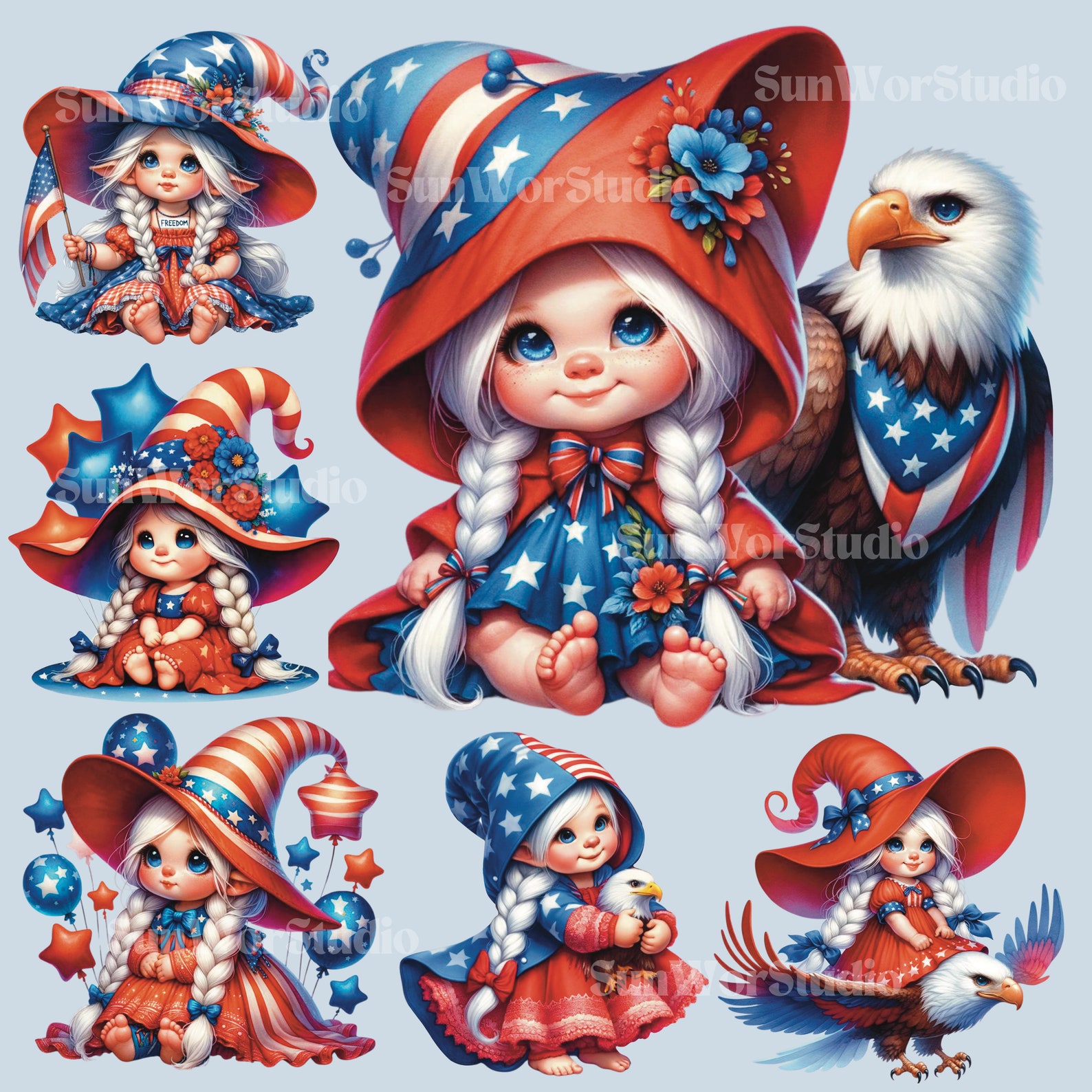 Watercolor Patriotic Gnome Clipart: American Independence Day (PNG, PDF ...