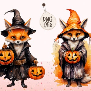 Halloween Fox Clipart, Halloween PNG, Witch Fox, Wildlife, Watercolor ...