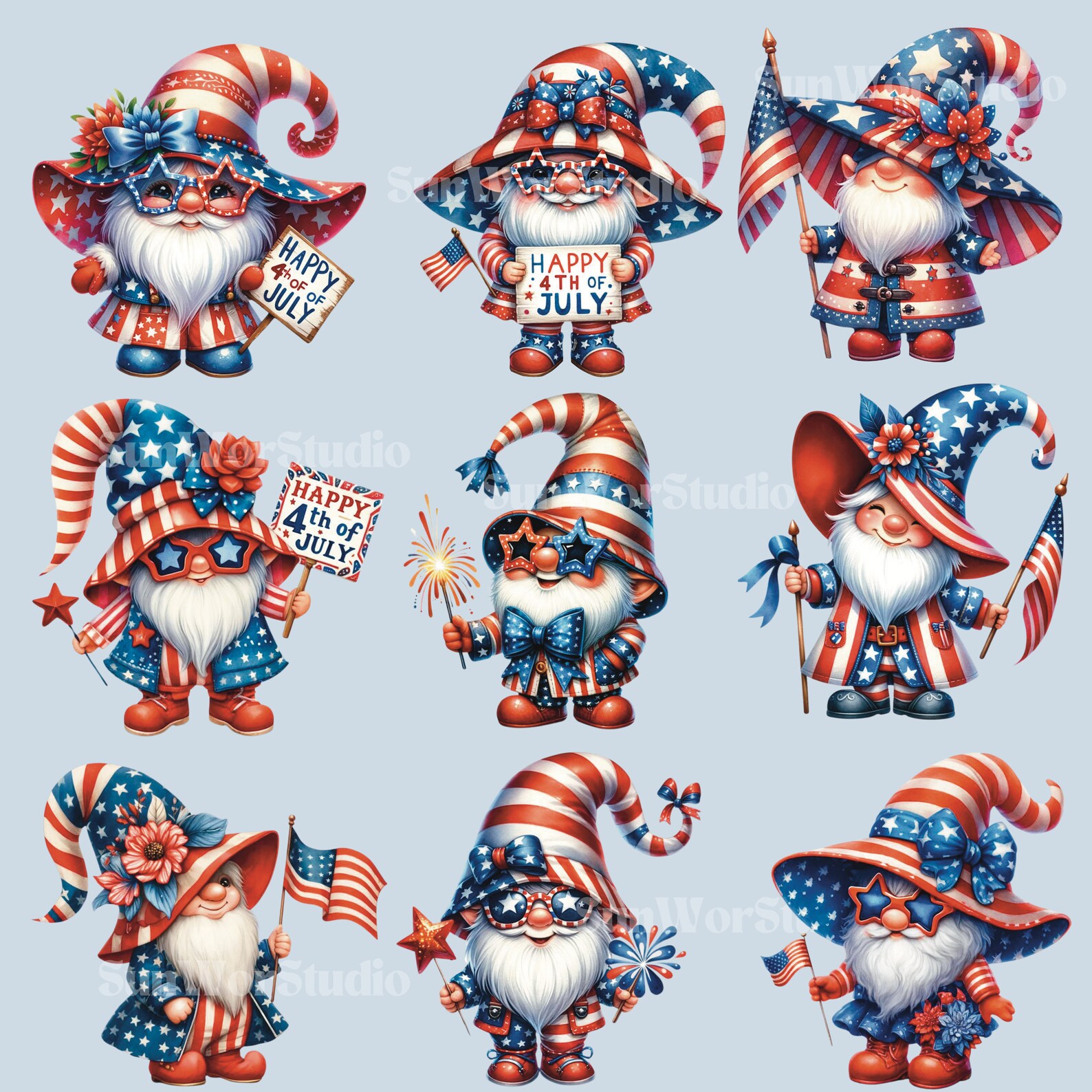 Watercolor Patriotic Gnome Clipart, Memorial Day Gnome Clipart, 4th of ...