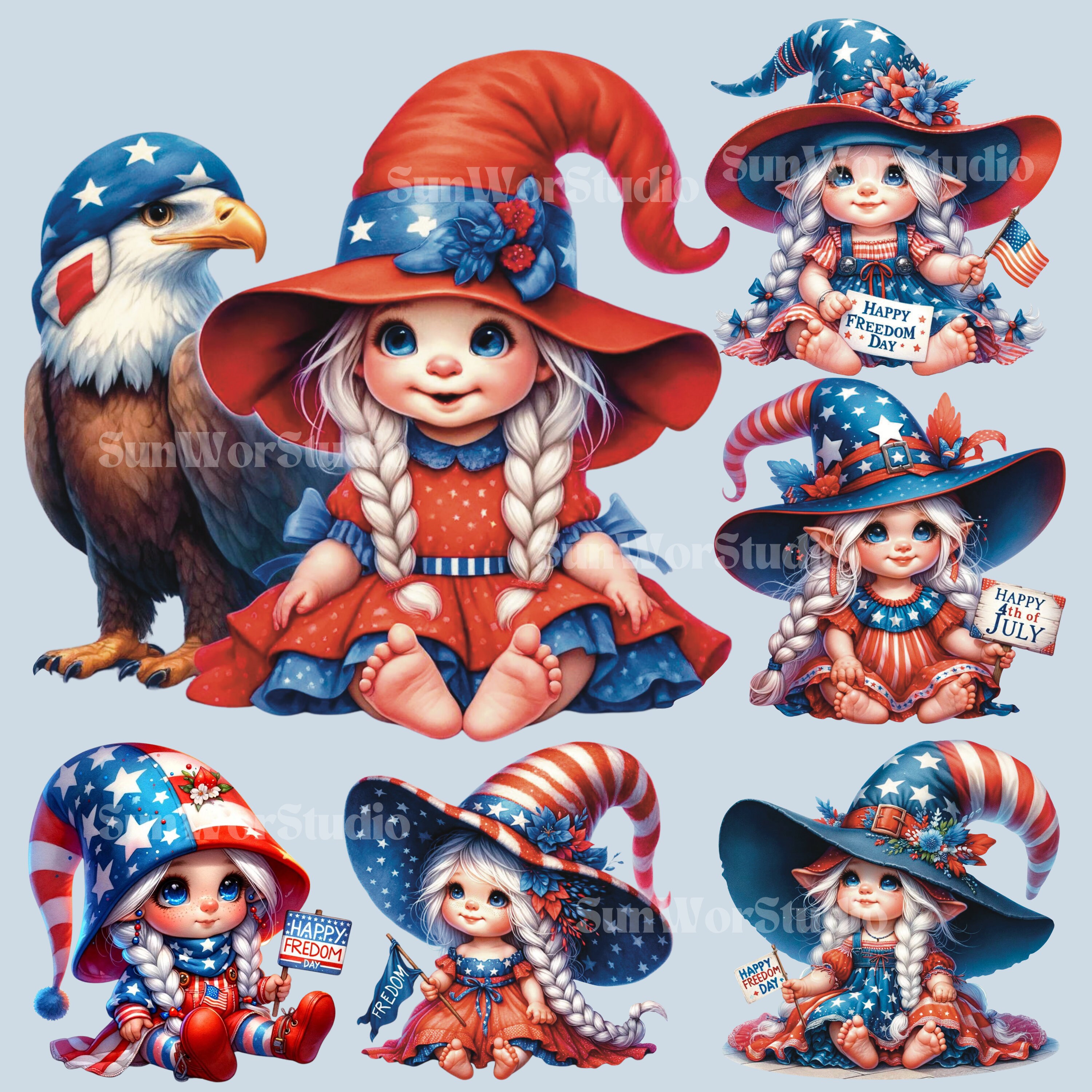 Watercolor Patriotic Gnome Clipart: American Independence Day (PNG, PDF ...