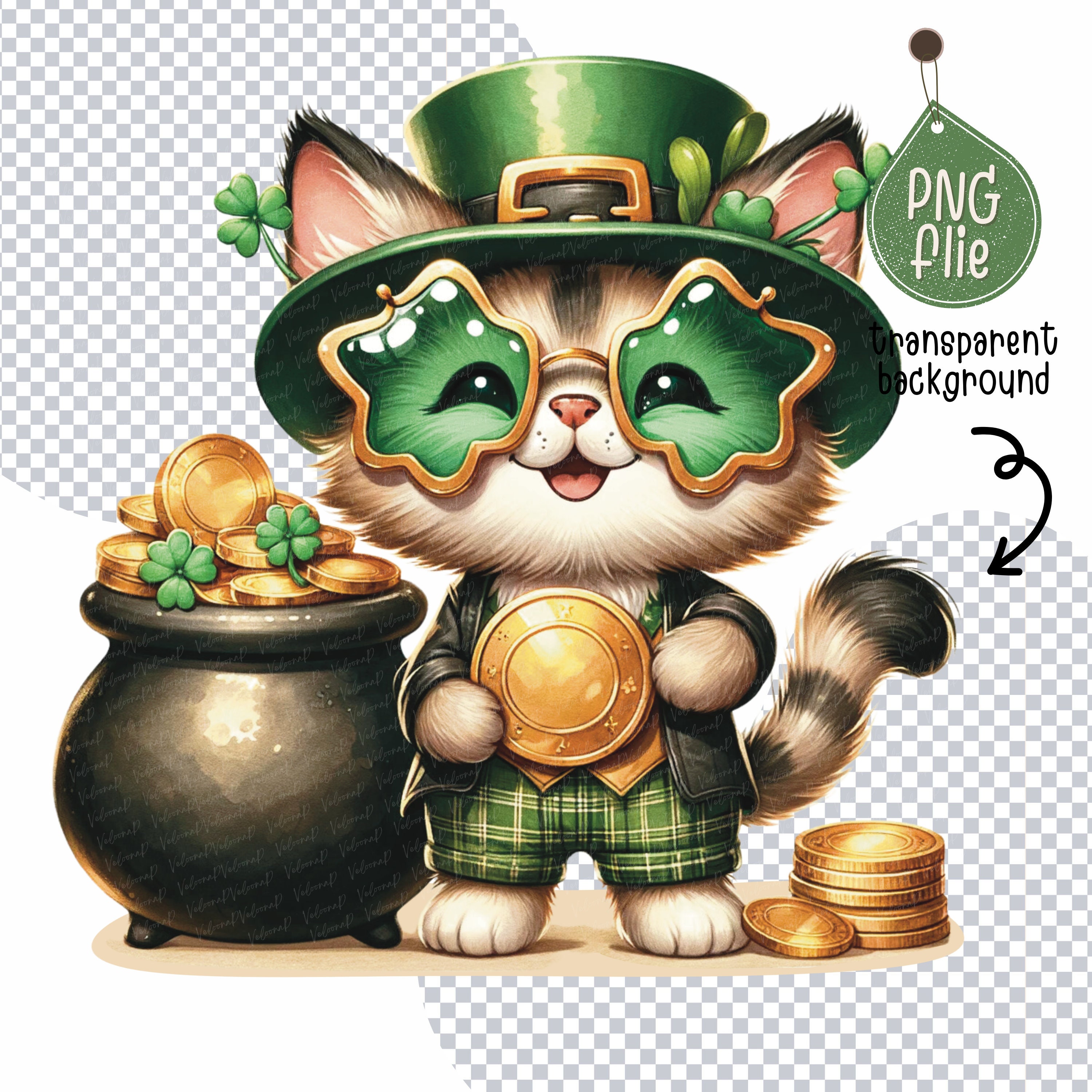 St Patrick's Day PNG, Cute Cat Clipart Watercolor in Saint Patrick Day ...