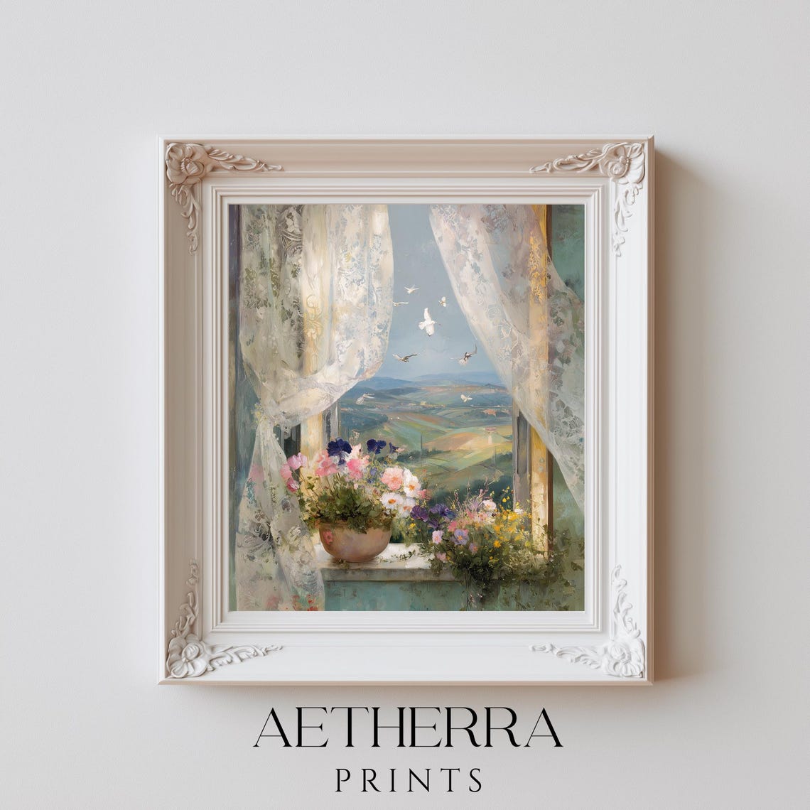 Open Window With Billowing Lace Curtains - Vintage Cottagecore Painting ...
