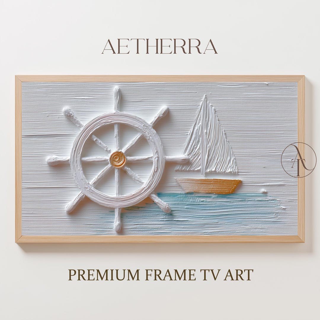 Textured 3D Nautical Frame TV Art, Ship's Wheel & Sailboat Decor ...