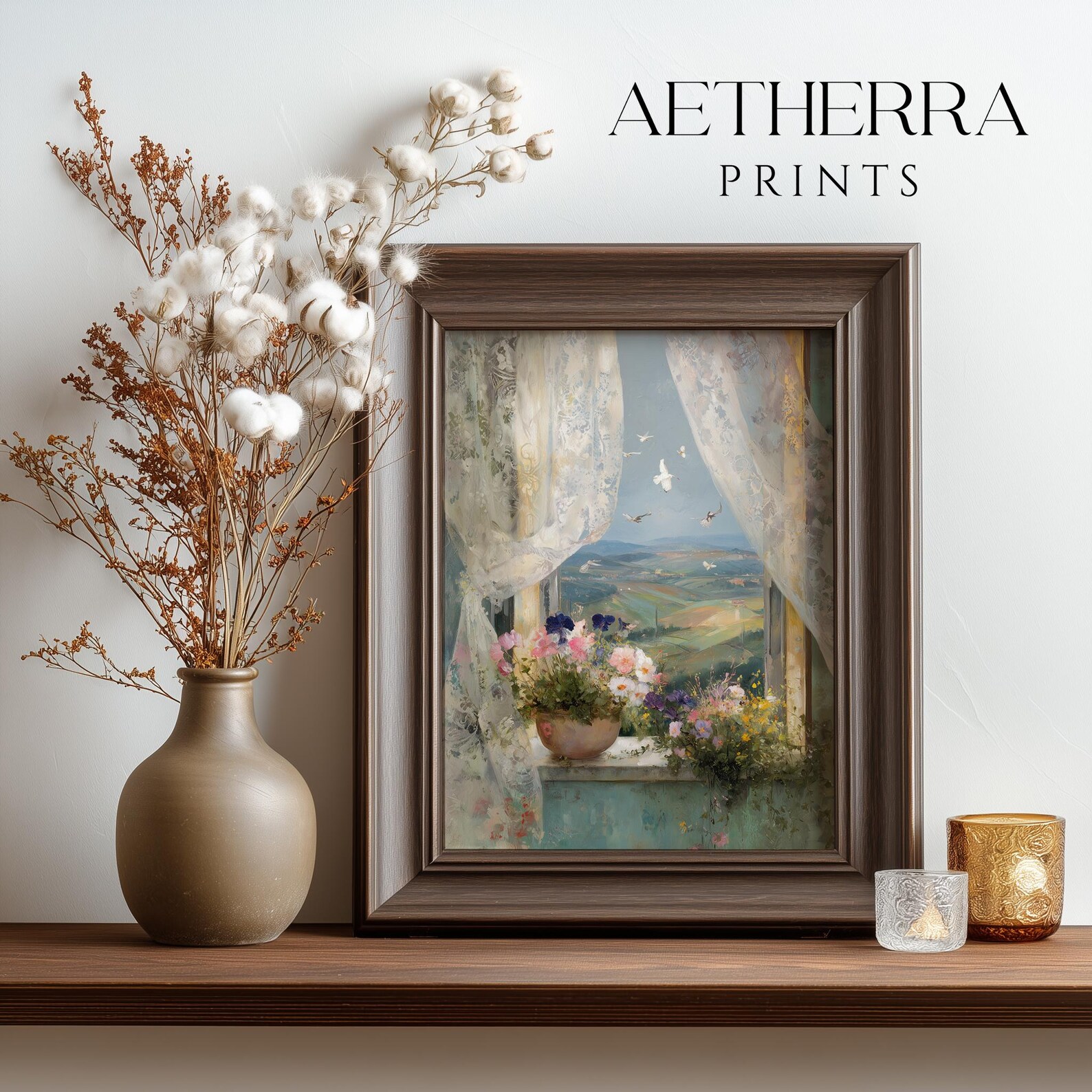 Open Window With Billowing Lace Curtains - Vintage Cottagecore Painting ...