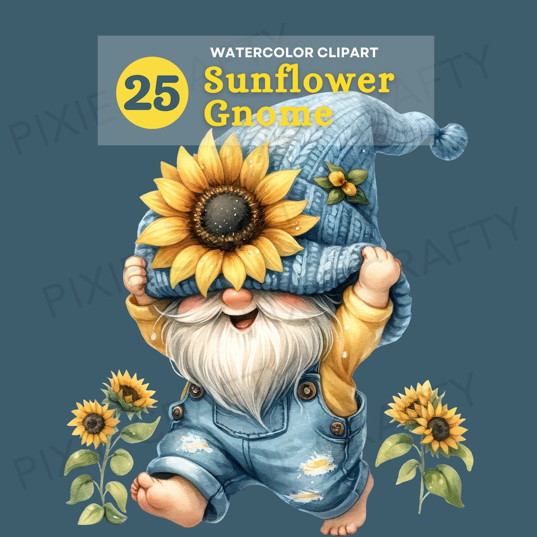 Watercolor Sunflower Gnome Clipart: Spring PNG Images (digital Download ...