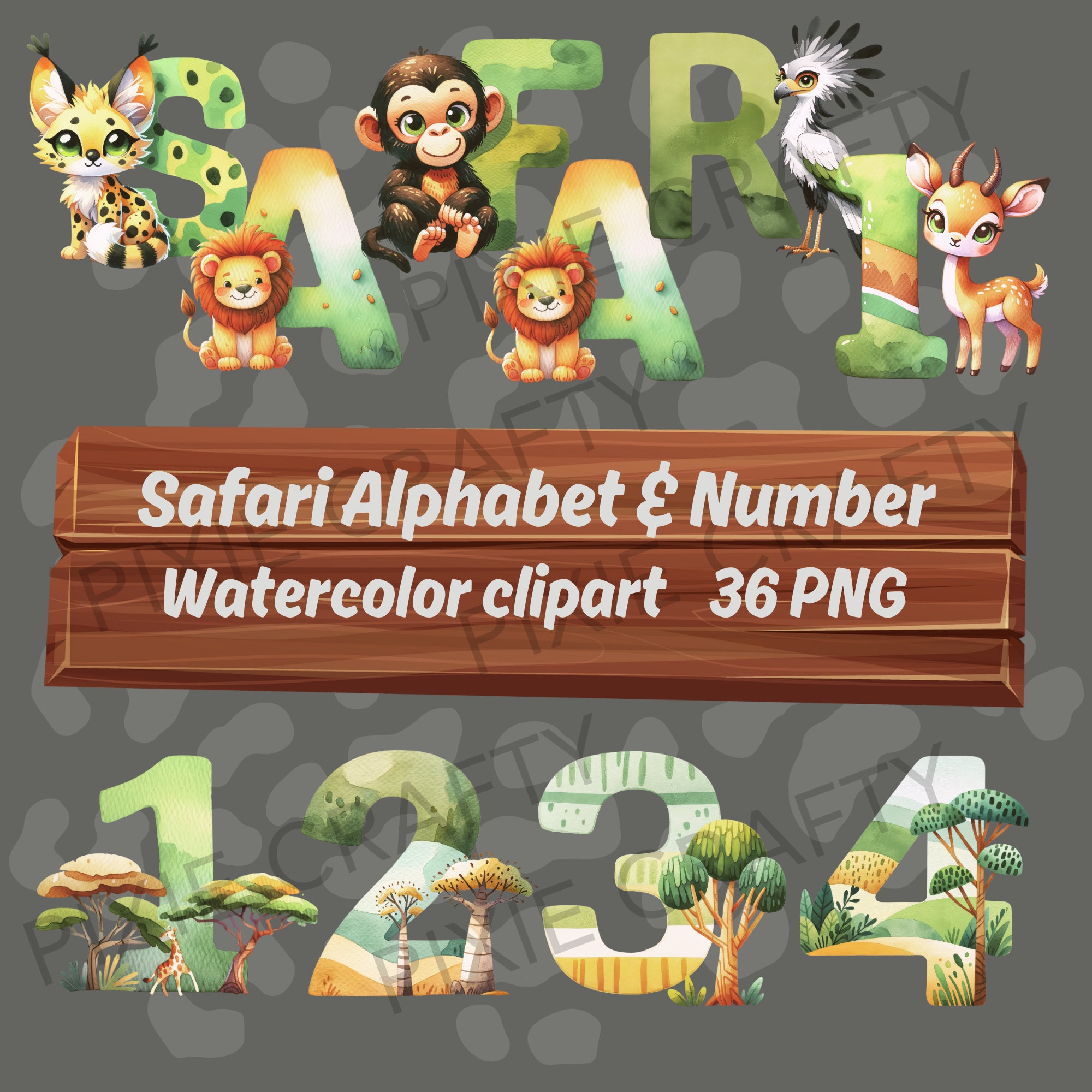 Watercolor Safari Alphabet, Safari Font, Jungle Letters PNG, Cute ...