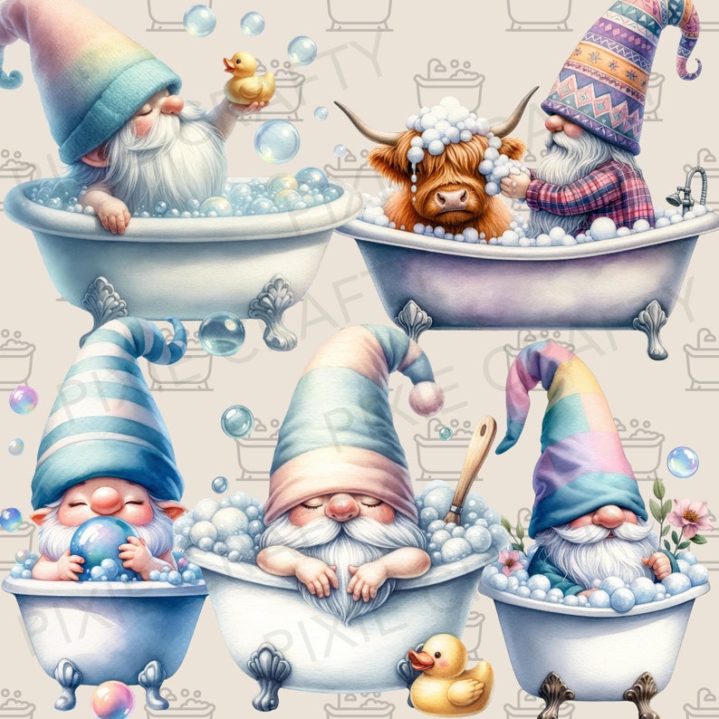 Bath Tub Gnomes Clipart, Watercolor Gnome PNG, Bathtub Bubble Soap Watercolor, Bubble Bath, Duck ...