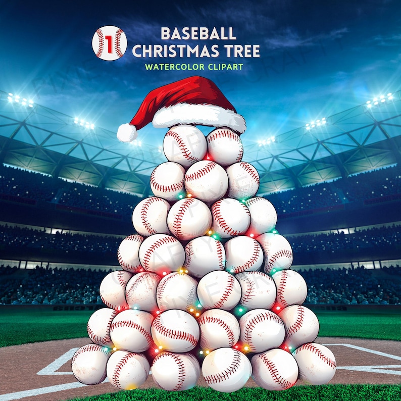 Baseball Christmas Tree PNG: Watercolor Sports Clipart (digital ...