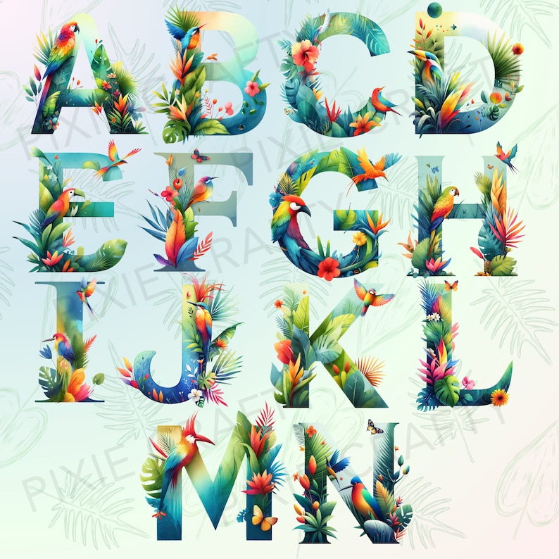 Watercolor Tropical Floral Alphabet: PNG Clipart, Summer Font (digital ...