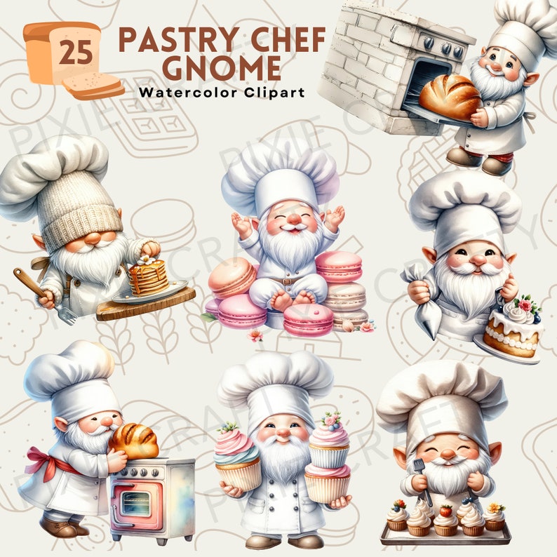 Watercolor Baker Gnome Clipart: Pastry Chef, Baked With Love (PNG ...