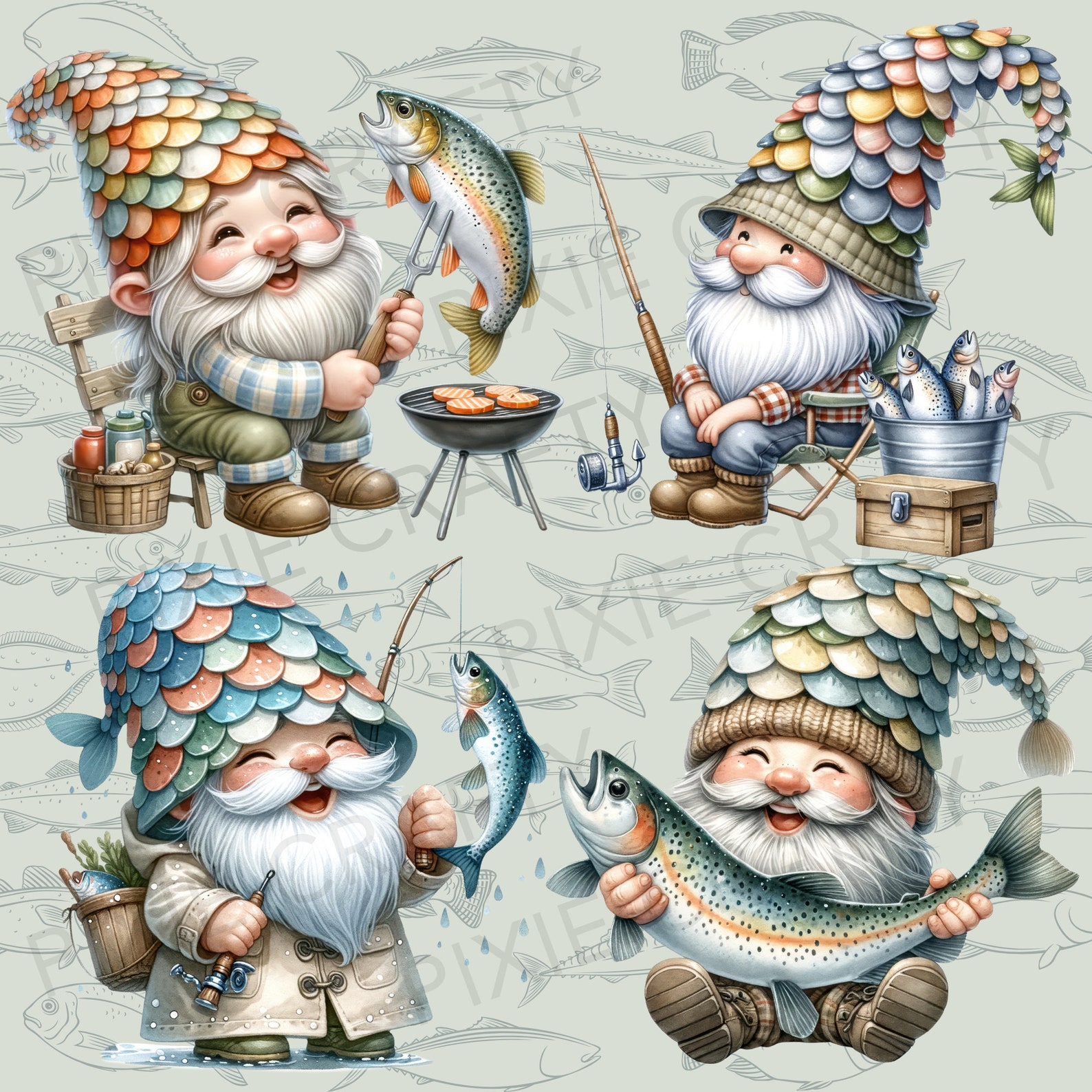 Gnome Trout Watercolor Clipart , Trout Clipart, Fishing Gnome, Fish ...