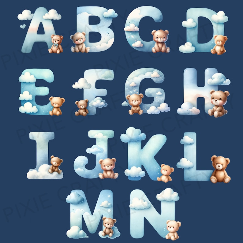 Blue Teddy Bear Alphabet, Watercolor Teddy Bear Clipart , Sublimation ...