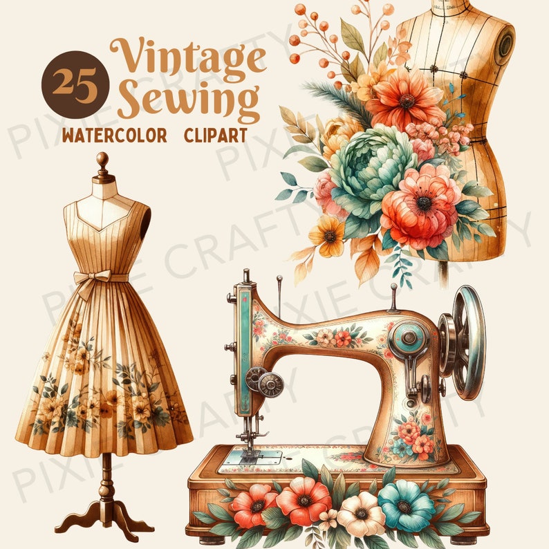Watercolor Sewing Clipart: Floral Sewing Machine, Vintage Elements ...