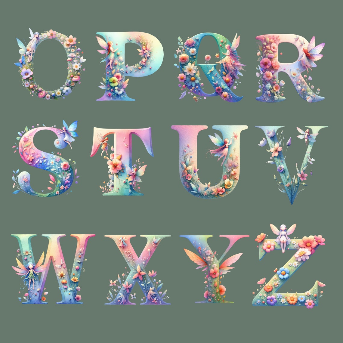 Watercolor Floral Fairy Alphabet, Fairy Watercolor Clipart, Floral ...
