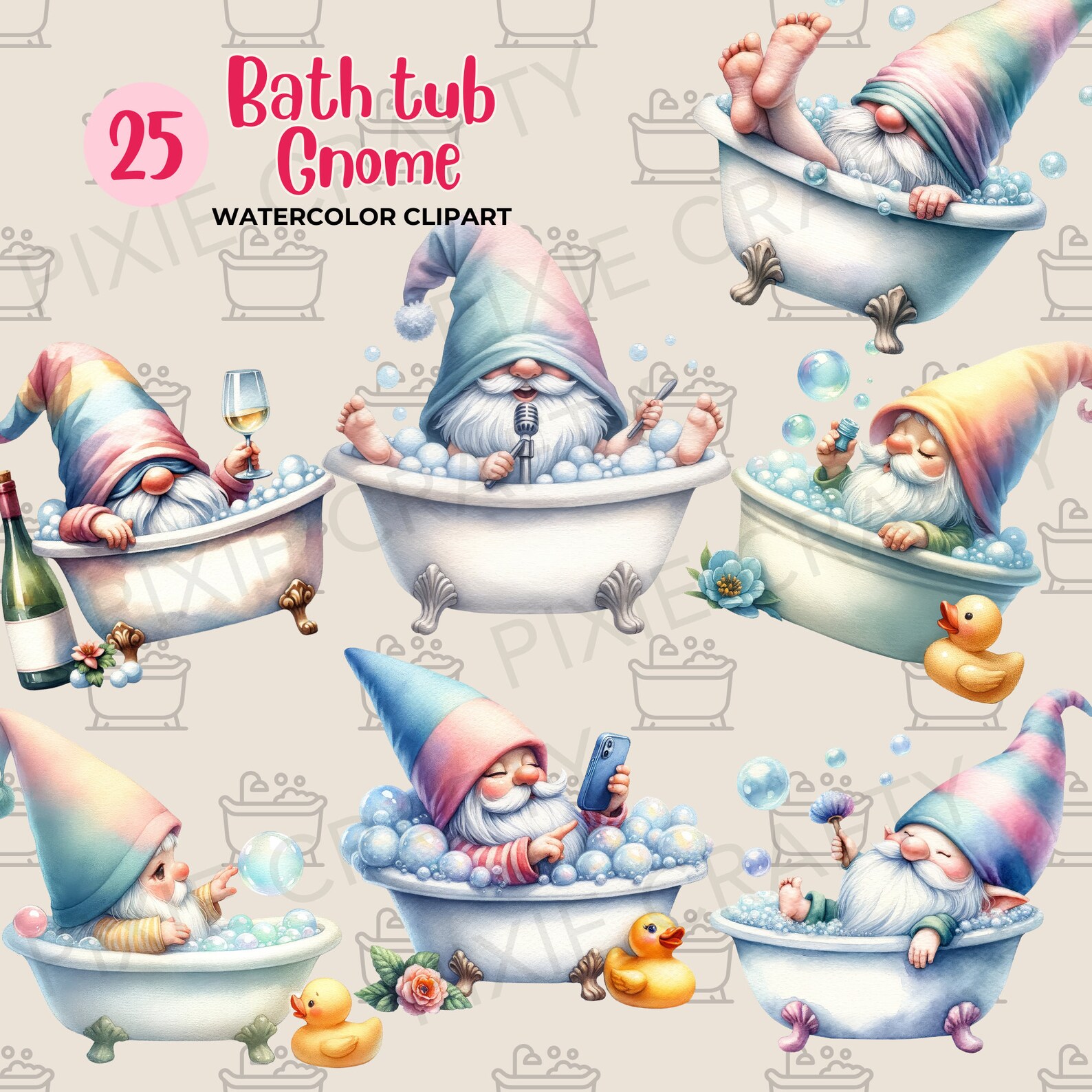 Bath Tub Gnomes Clipart, Watercolor Gnome PNG, Bathtub Bubble Soap Watercolor, Bubble Bath, Duck ...
