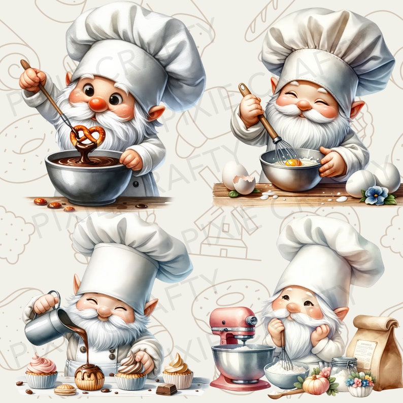 Watercolor Baker Gnome Clipart: Pastry Chef, Baked With Love (PNG ...