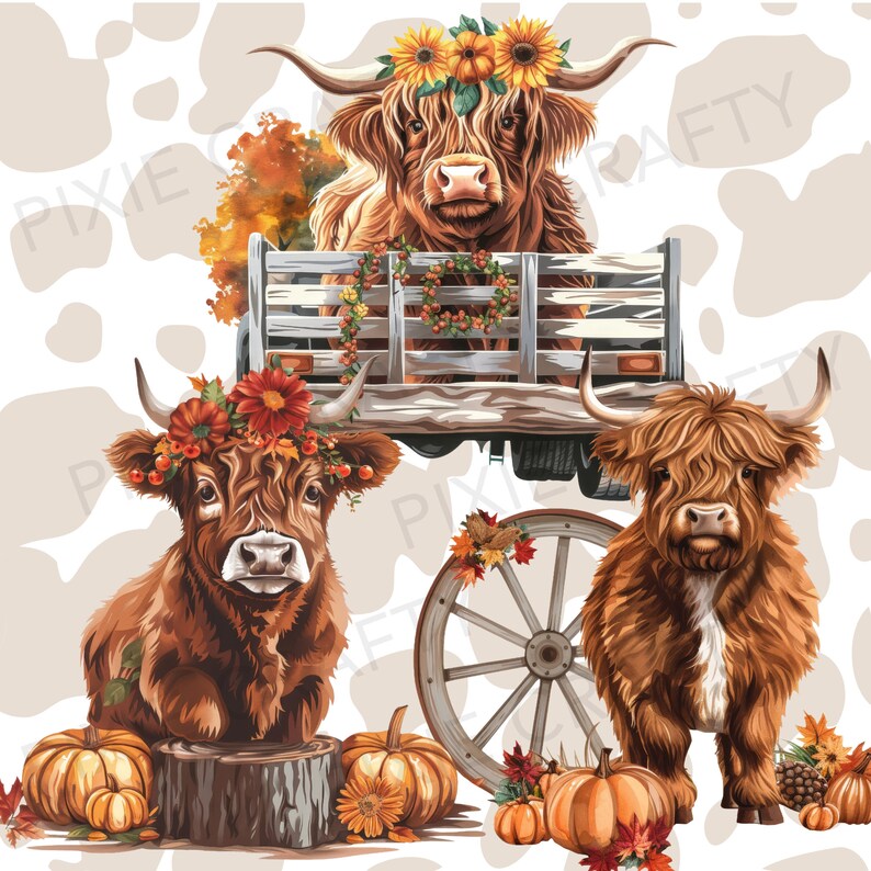 Watercolor Fall Highland Cow With Pumpkins, Autumn Highland Cow ...