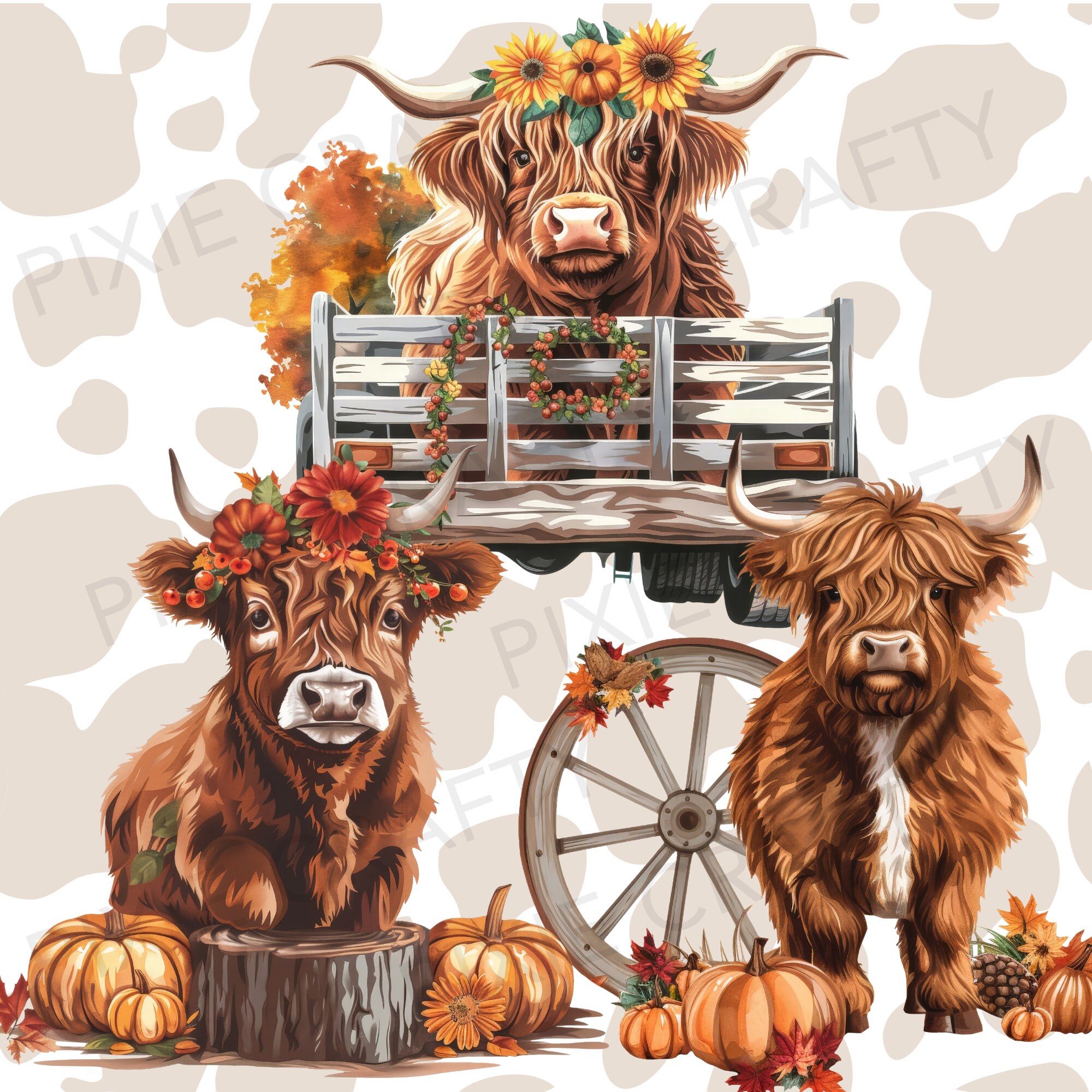 Watercolor Fall Highland Cow With Pumpkins, Autumn Highland Cow ...