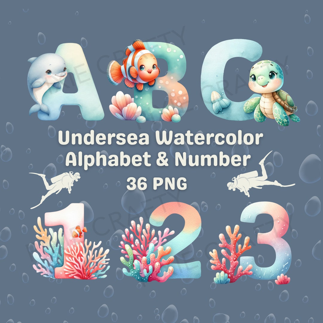 Undersea Watercolor Alphabet, Undersea Number, Underwater Letters ...