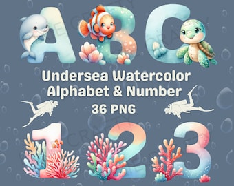 Watercolor Underwater Alphabet Letters Numbers - Under the Sea Animals ...
