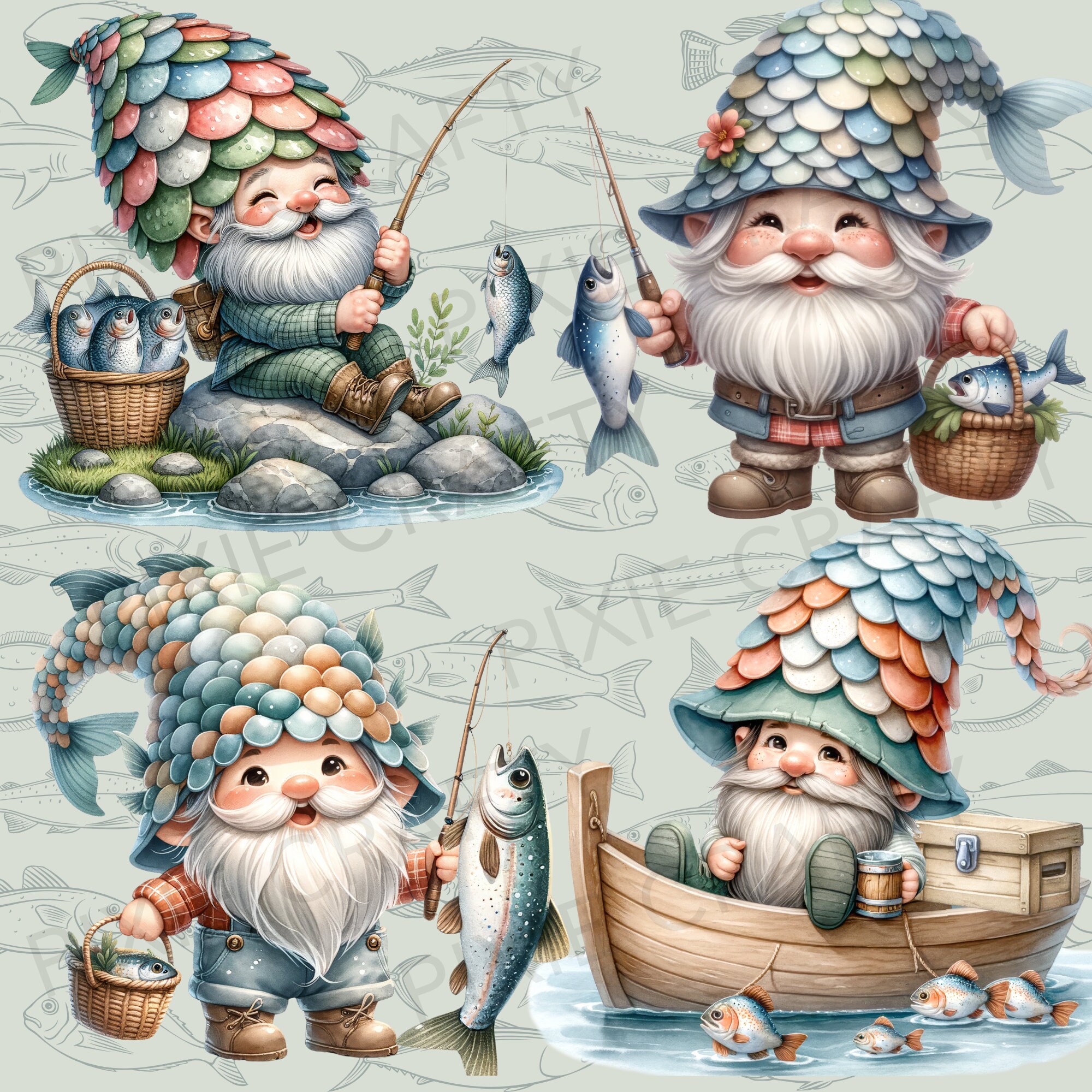 Gnome Trout Watercolor Clipart , Trout Clipart, Fishing Gnome, Fish ...