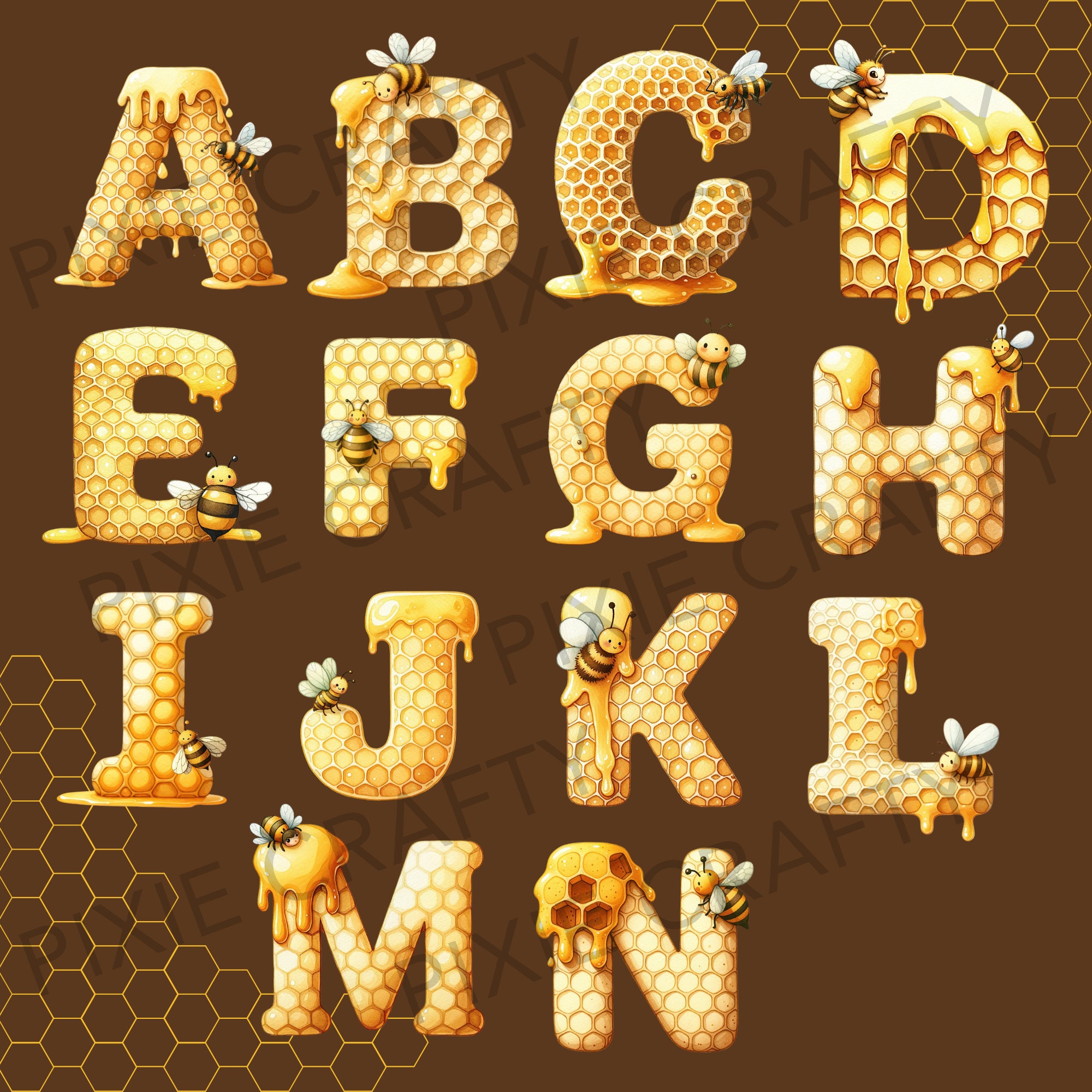 Honey Bee Watercolor Alphabet and Number, Honeycomb Letter Clipart ...