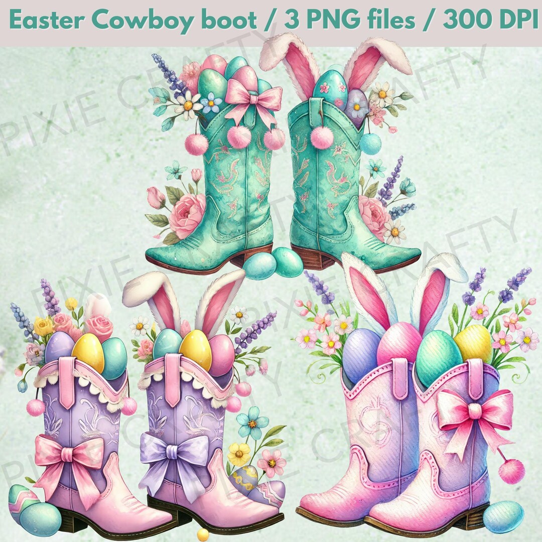Farmhouse Spring Clipart, Cowboy Boots With Bunny Ears, Western Easter ...