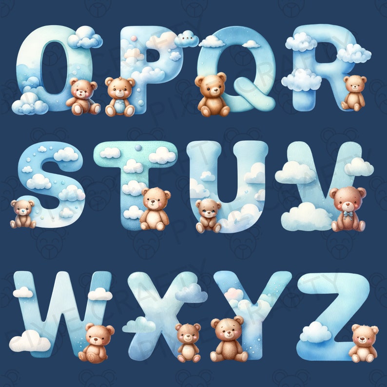 Blue Teddy Bear Alphabet, Watercolor Teddy Bear Clipart , Sublimation ...