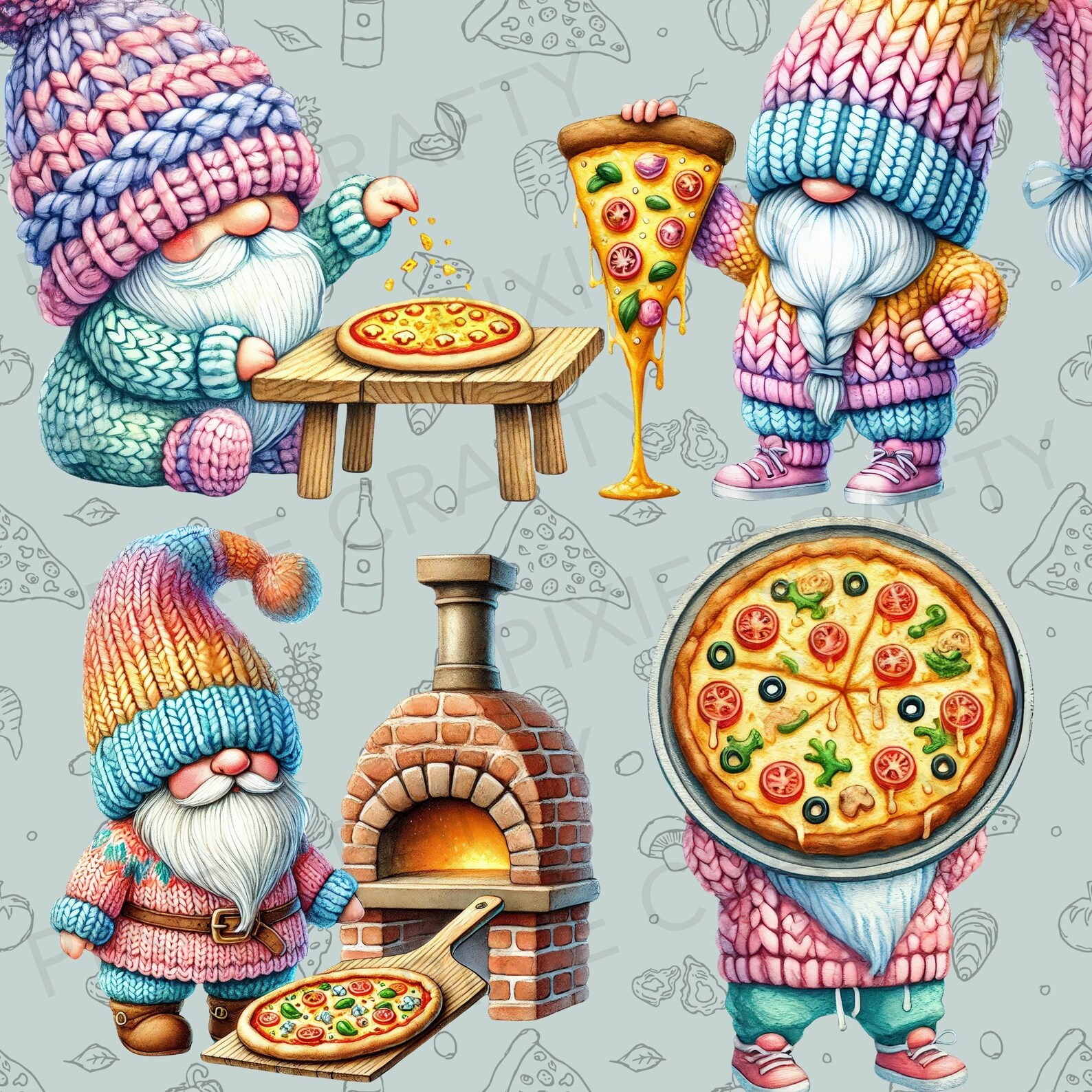 Watercolor Pizza Gnome PNG Clipart: Foodie Art, Nursery Decor, (digital ...