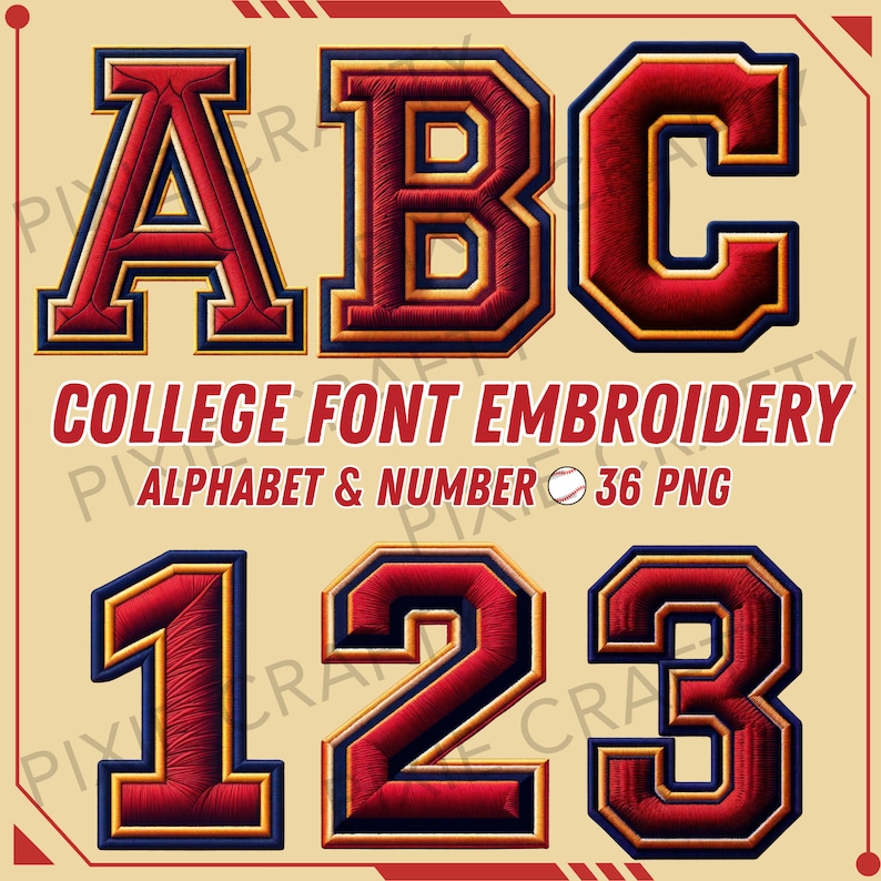 Varsity Embroidery Letters: College Font Alphabet & Numbers (PNG ...