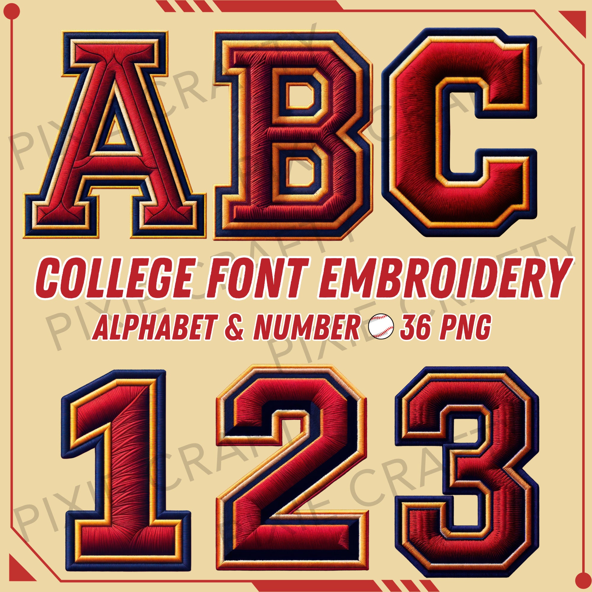 Varsity Embroidery Letters: College Font Alphabet & Numbers (PNG ...