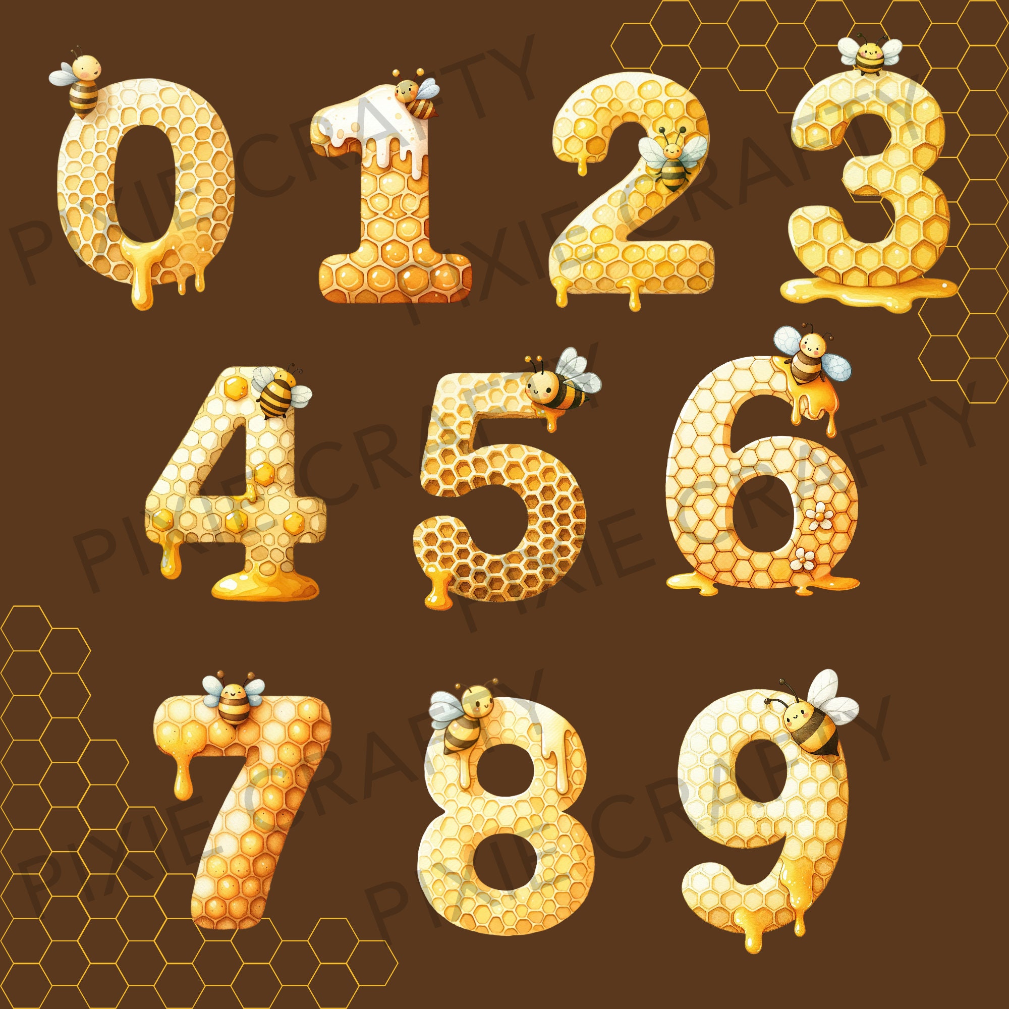 Honey Bee Watercolor Alphabet and Number, Honeycomb Letter Clipart ...