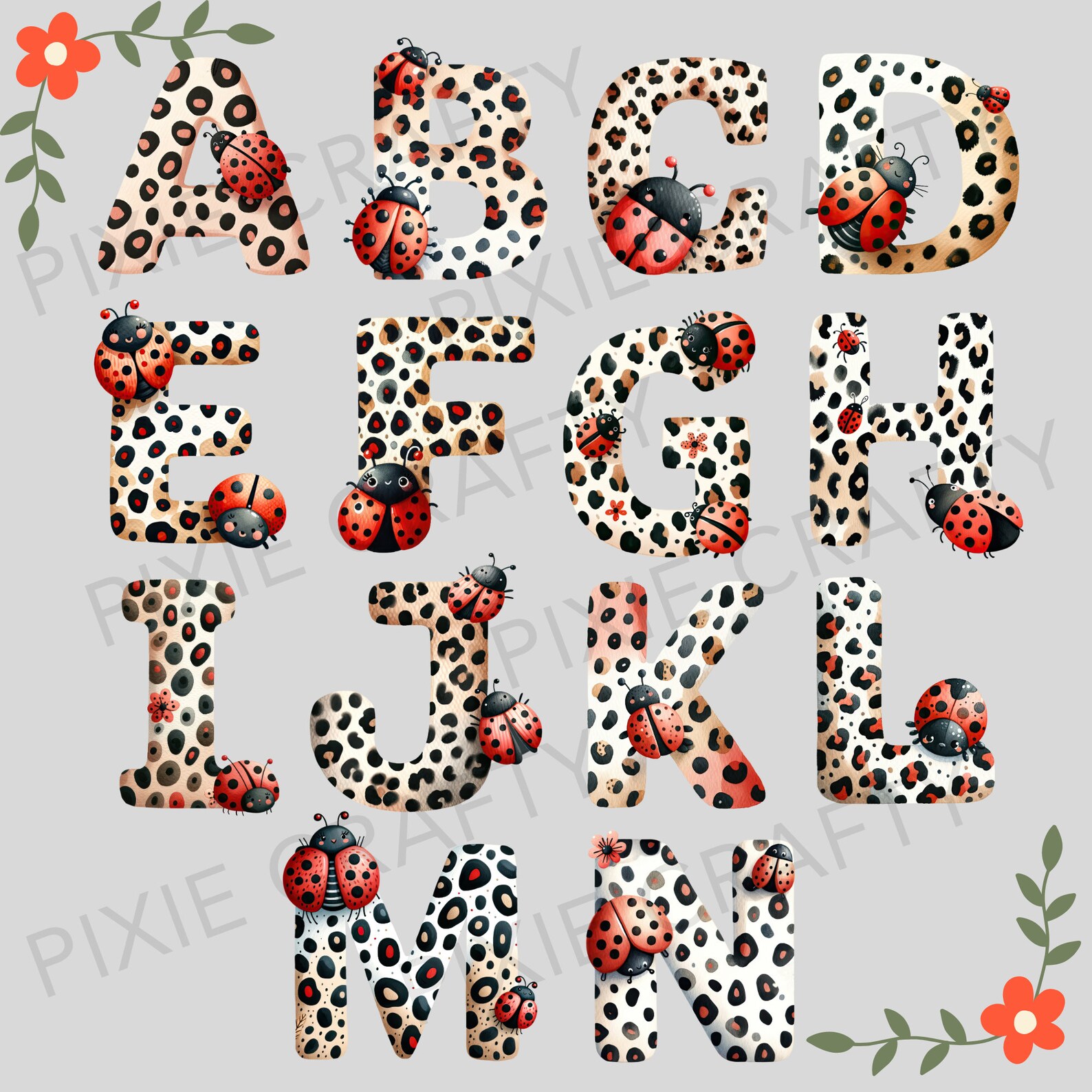 Leopard Ladybug Alphabet, Ladybug Alphabet, Leopard Clipart, Ladybug ...