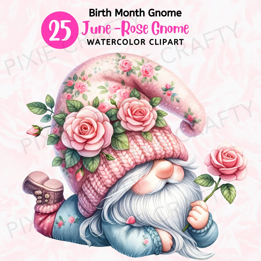 Watercolor Rose Gnome Clipart, June Birth Flower (digital Download) - Etsy