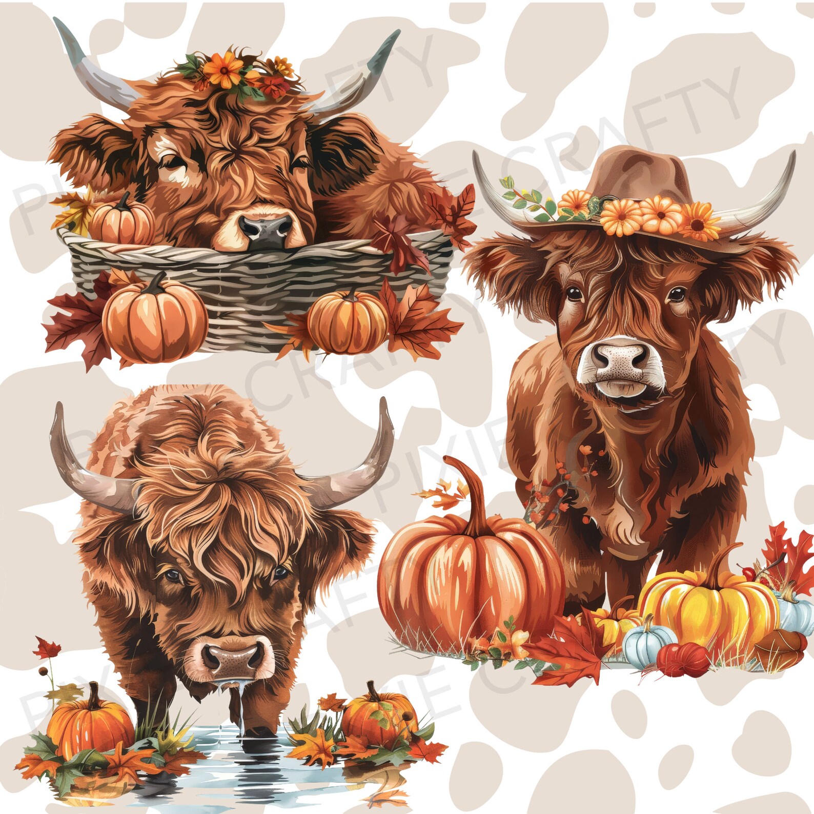 Watercolor Fall Highland Cow With Pumpkins, Autumn Highland Cow ...