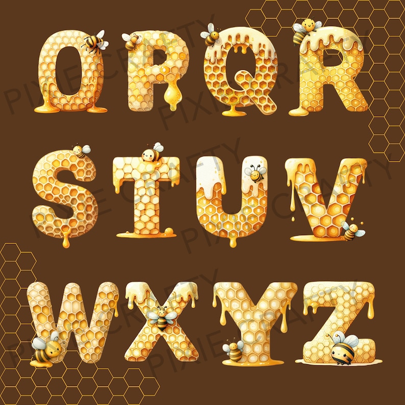 Honey Bee Watercolor Alphabet and Number, Honeycomb Letter Clipart ...