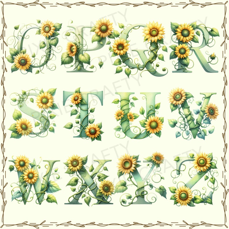 Sunflower Alphabet Clipart, Watercolor Alphabet PNG, Watercolor Floral ...