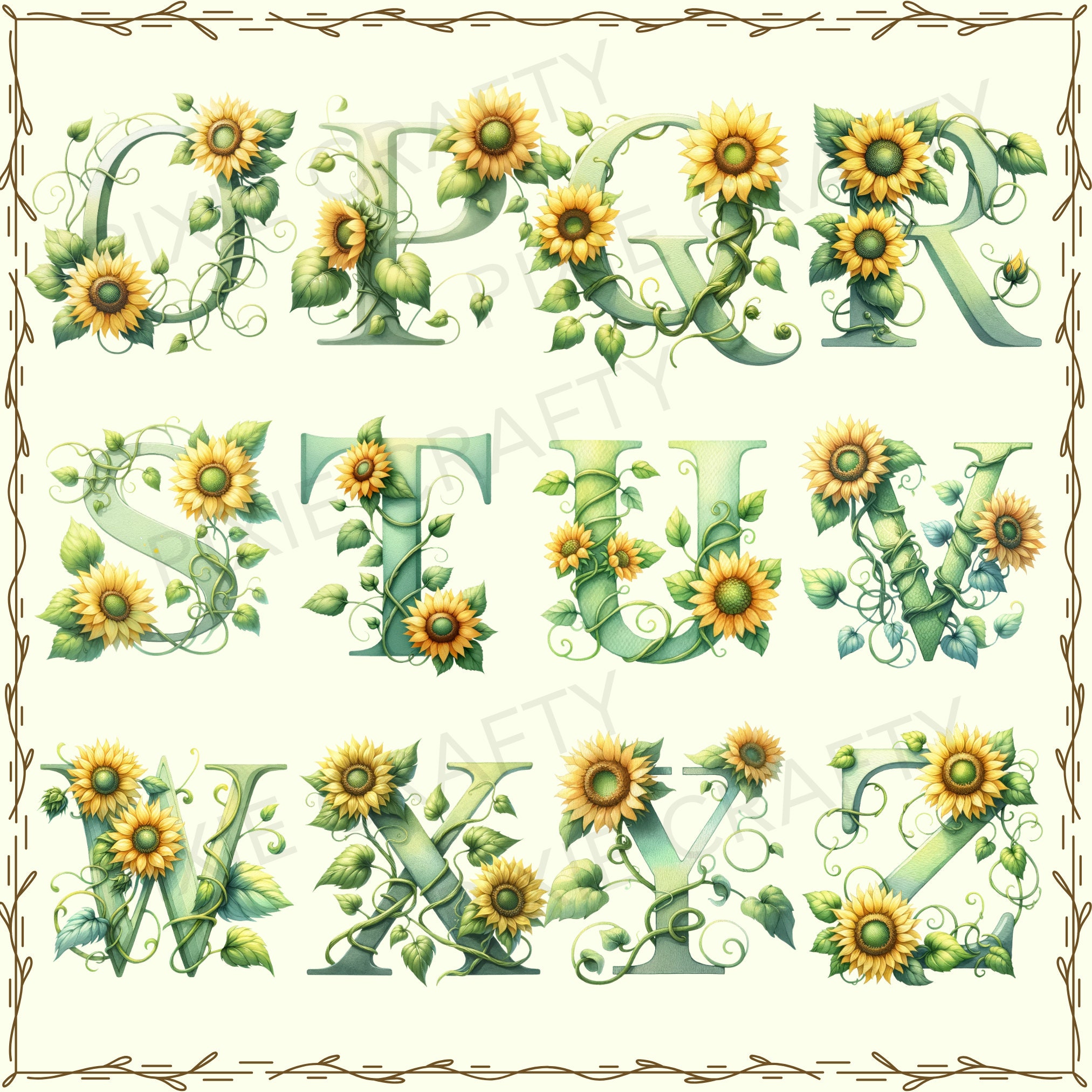 Sunflower Alphabet Clipart, Watercolor Alphabet PNG, Watercolor Floral ...